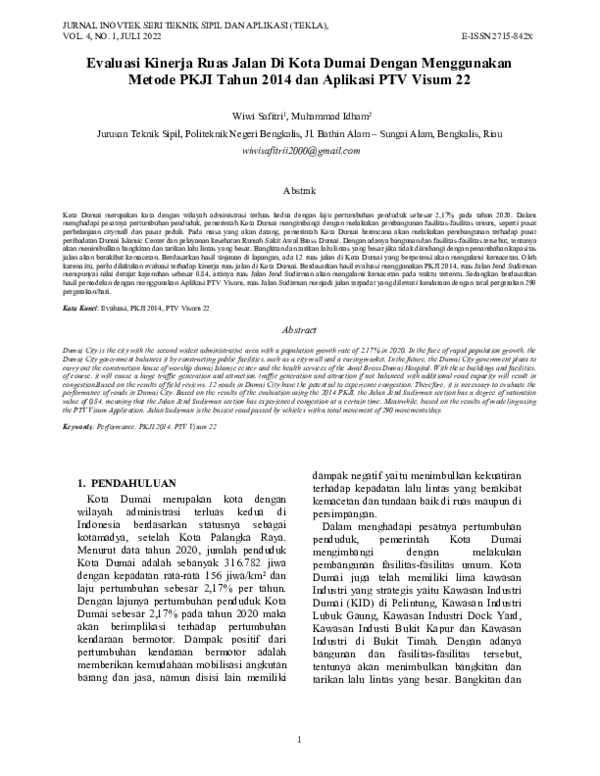 (PDF) Evaluasi Kinerja Ruas Jalan Di Kota Dumai Dengan Menggunakan ...