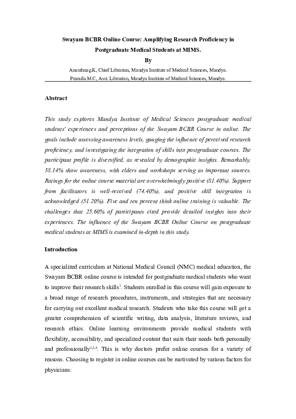 (DOC) Swayam BCBR Online Course: Amplifying Research Proficiency in Postgraduate Medical ...
