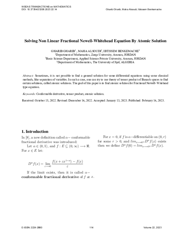 (PDF) Solving Non Linear Fractional Newell-Whitehead Equation By Atomic Solution