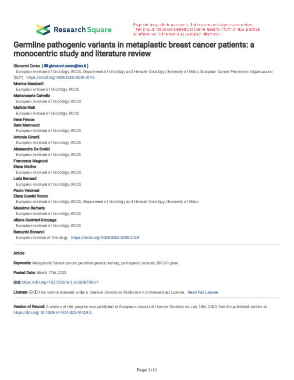 (PDF) Germline pathogenic variants in metaplastic breast cancer patients: a monocentric study ...