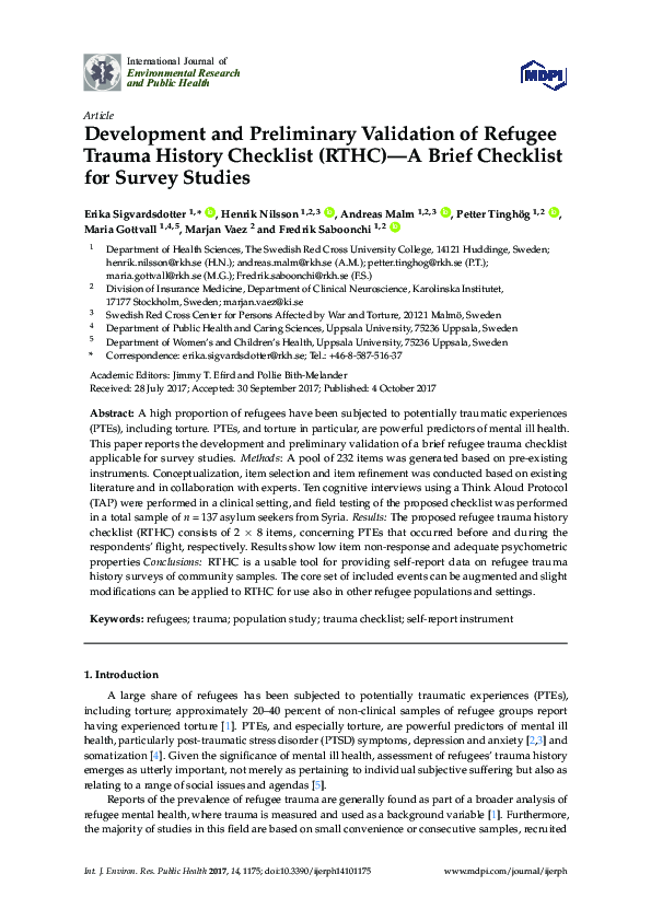 (PDF) Development and Preliminary Validation of Refugee Trauma History Checklist (RTHC)—A Brief ...