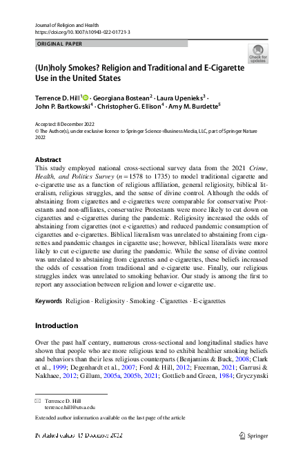 (PDF) (Un)holy Smokes? Religion and Traditional and E-Cigarette Use in ...