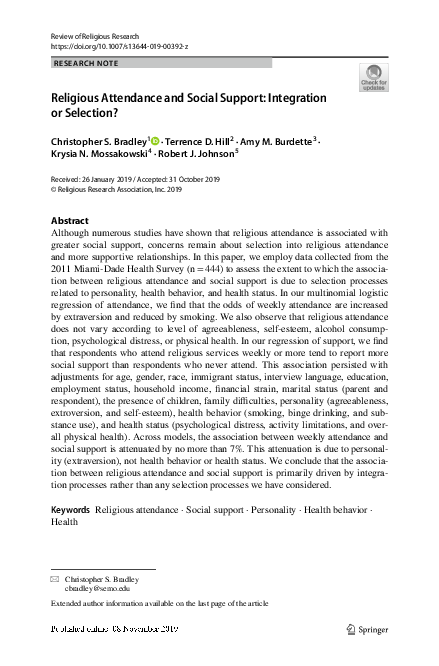 (PDF) Religious Attendance and Social Support: Integration or Selection?