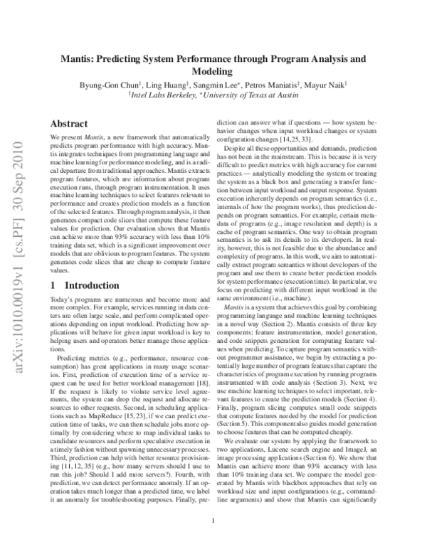 (PDF) Mantis: Predicting system performance through program analysis and modeling | Sangmin Lee ...