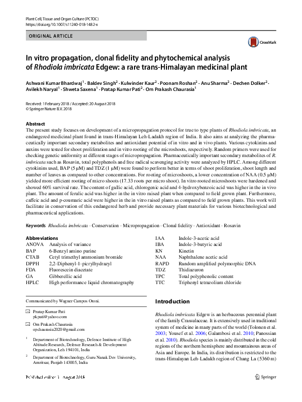 (PDF) In vitro propagation, clonal fidelity and phytochemical analysis of Rhodiola imbricata ...
