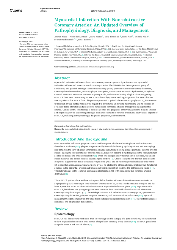 (PDF) Myocardial Infarction With Non-obstructive Coronary Arteries: An Updated Overview of ...