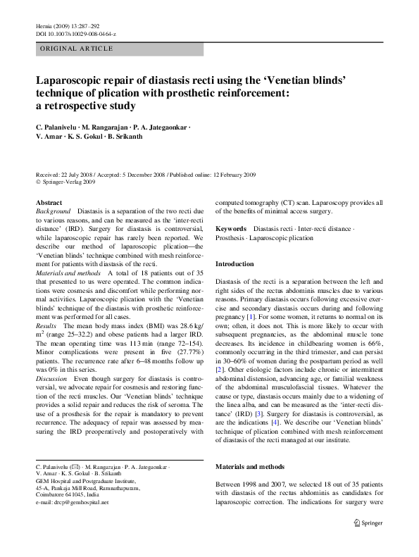 (PDF) Laparoscopic repair of diastasis recti using the ‘Venetian blinds ...