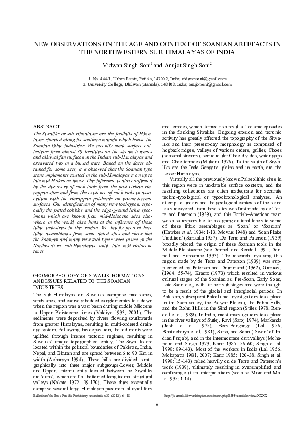 (PDF) New Observations on the Age and Context of Soanian Tools Found in ...