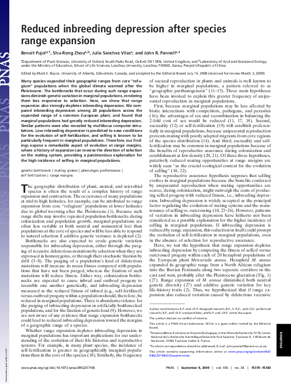 (PDF) Reduced inbreeding depression after species range expansion