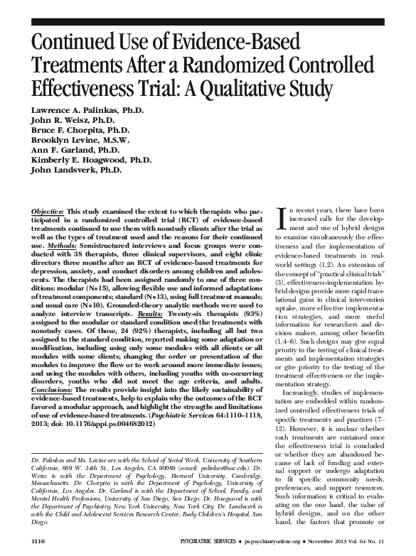 (PDF) Continued Use of Evidence-Based Treatments After a Randomized Controlled Effectiveness ...