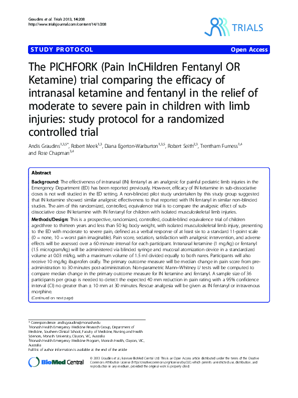 (PDF) The PICHFORK (Pain InCHildren Fentanyl OR Ketamine) trial ...
