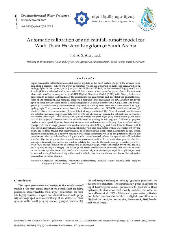 (PDF) Automatic calibration of arid rainfall-runoff model for Wadi Thara Western Kingdom of ...