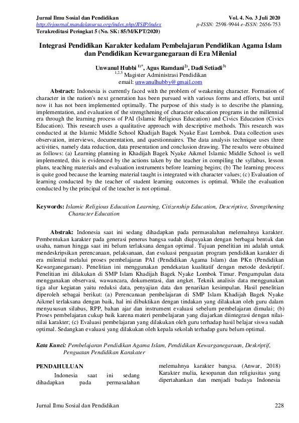 (PDF) Integrasi Pendidikan Karakter kedalam Pembelajaran Pendidikan Agama Islam dan Pendidikan ...