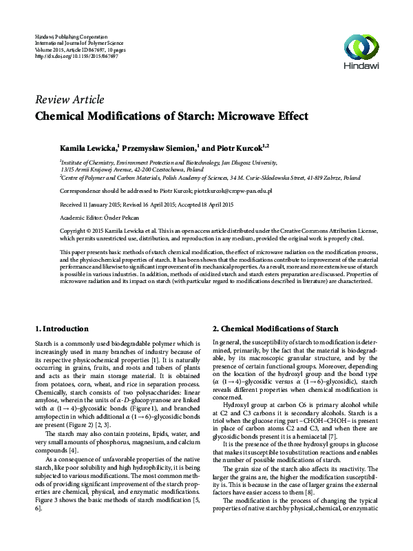 (PDF) Chemical Modifications of Starch: Microwave Effect