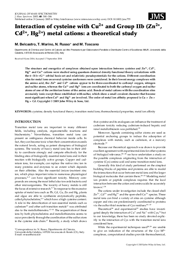 (PDF) Interaction of cysteine with Cu2+ and group IIb (Zn2+, Cd2+, Hg2 ...
