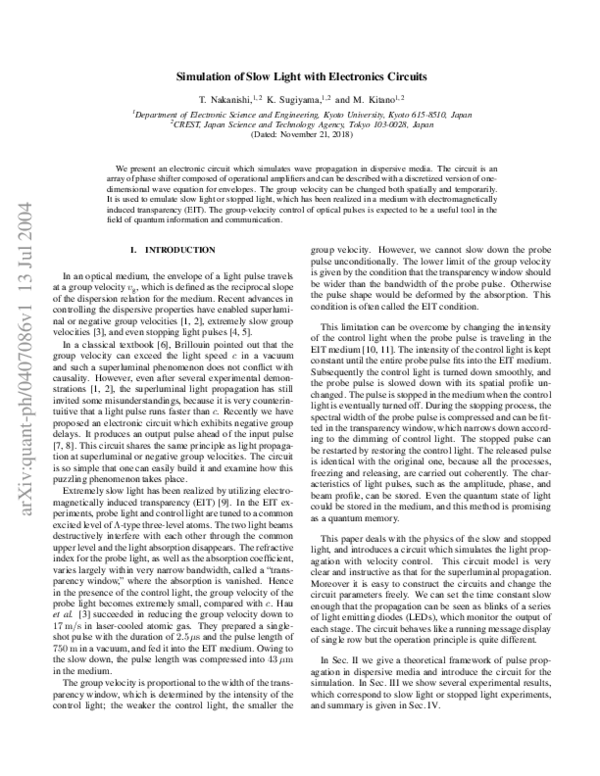 (PDF) Simulation of slow light with electronic circuits