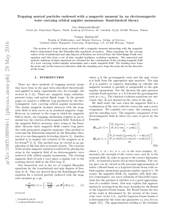 (PDF) Trapping neutral particles endowed with a magnetic moment by an ...
