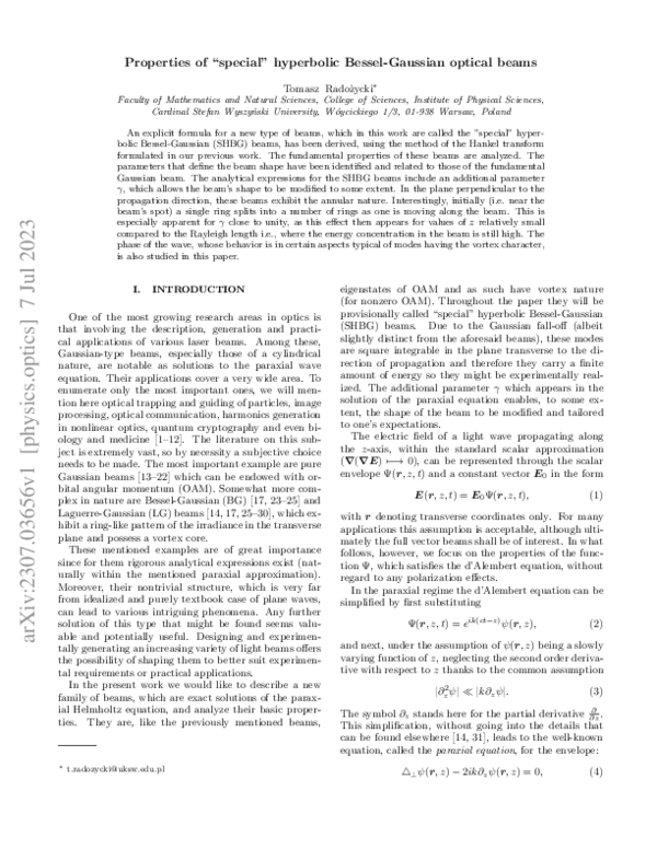 Pdf Properties Of Special Hyperbolic Bessel Gaussian Optical Beams