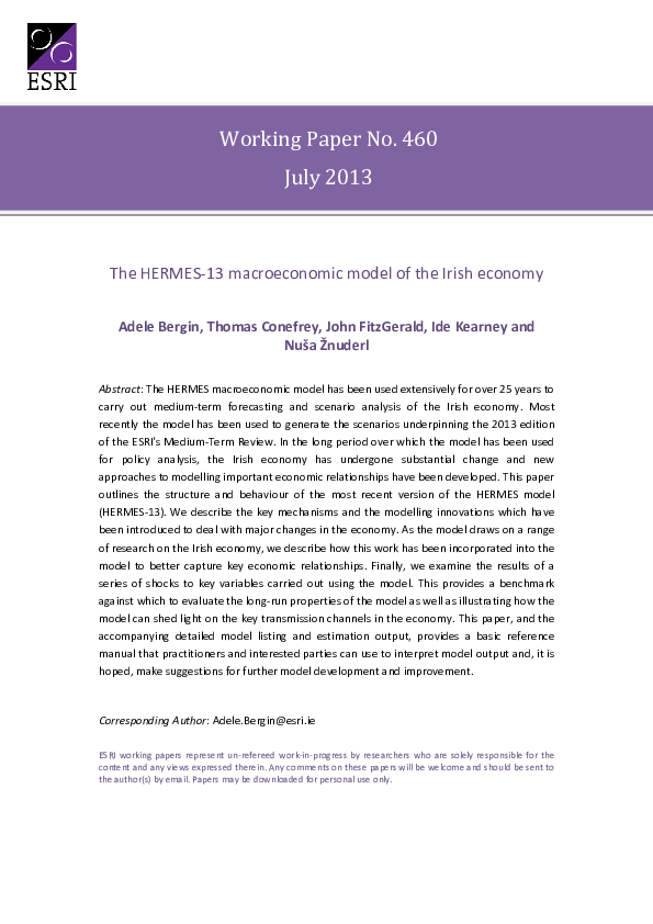 (PDF) The HERMES-13 macroeconomic model of the Irish economy
