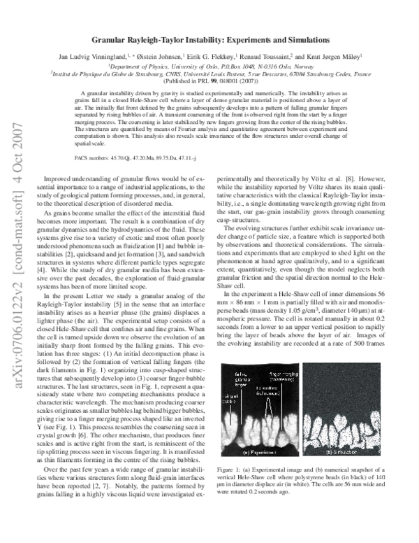 (PDF) Granular Rayleigh-Taylor Instability: Experiments and Simulations ...