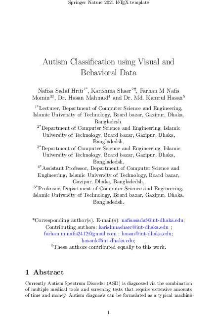 (PDF) Autism Classification using Visual and Behavioral Data