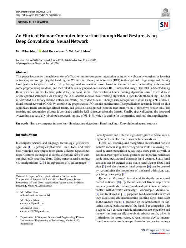 (PDF) An Efficient Human Computer Interaction through Hand Gesture Using Deep Convolutional ...
