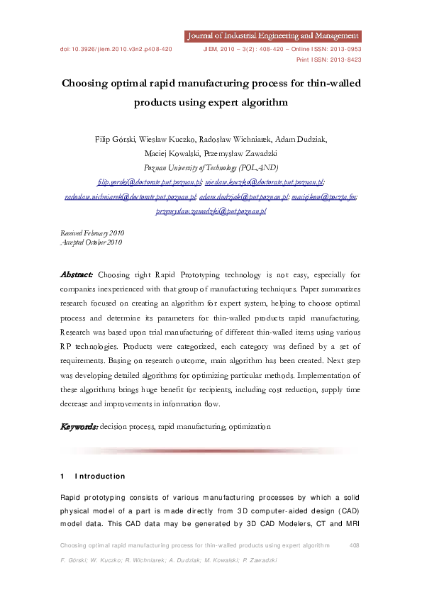 (PDF) Choosing optimal rapid manufacturing process for thin-walled products using expert algorithm