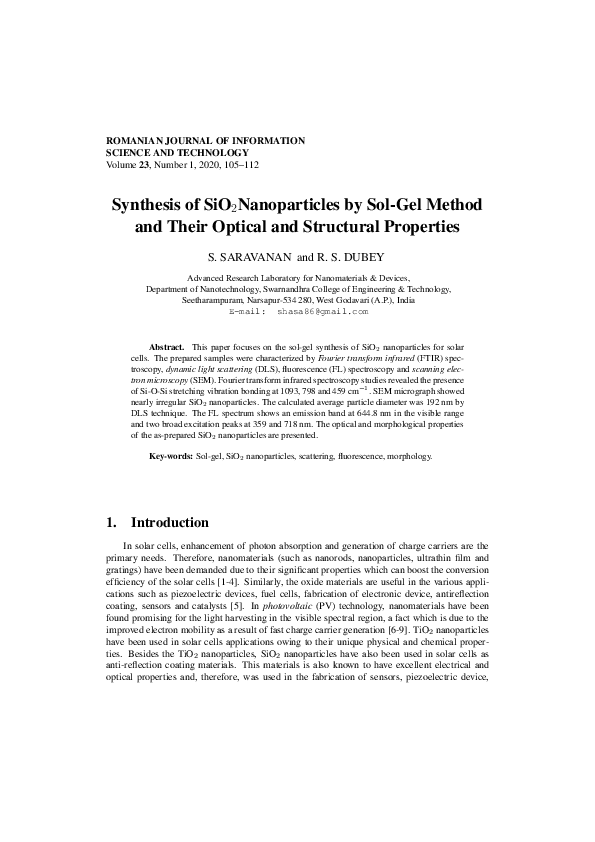 (PDF) Synthesis of SiO 2 Nanoparticles by Sol-Gel Method and Their Optical and Structural Properties