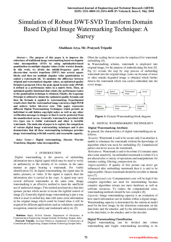 Pdf Simulation Of Robust Dwt Svd Transform Domain Based Digital Image Watermarking Technique
