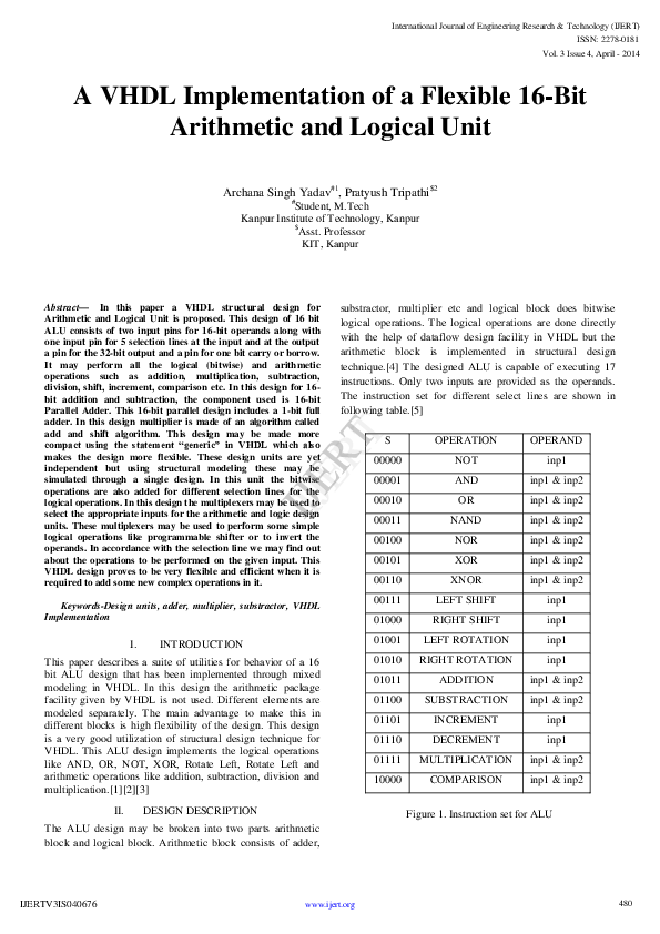 (PDF) A VHDL Implementation of a Flexible 16-Bit Arithmetic and Logical Unit