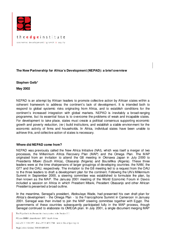 (PDF) The New Partnership for Africa’s Development (NEPAD): a brief ...