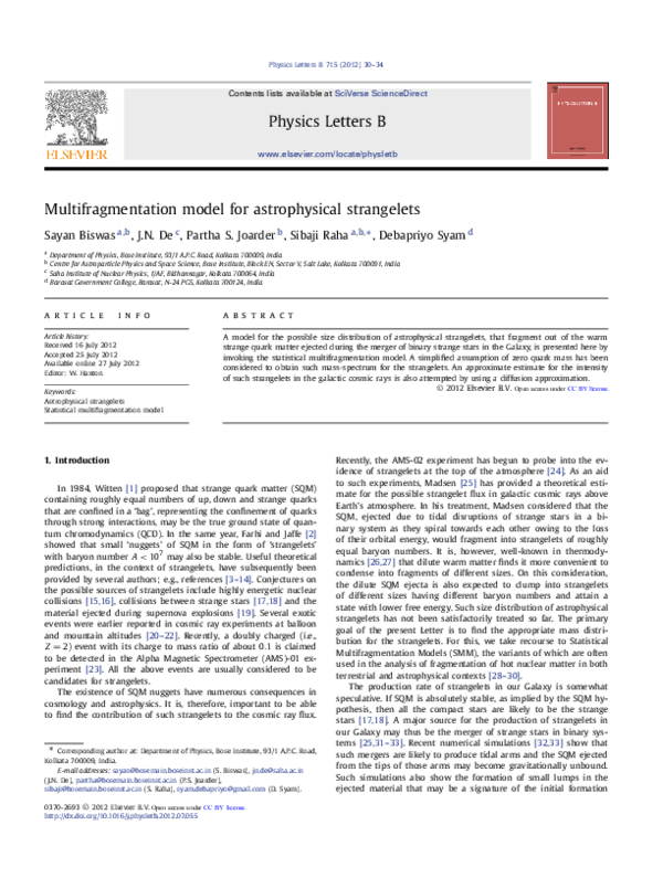 (PDF) Multifragmentation model for astrophysical strangelets