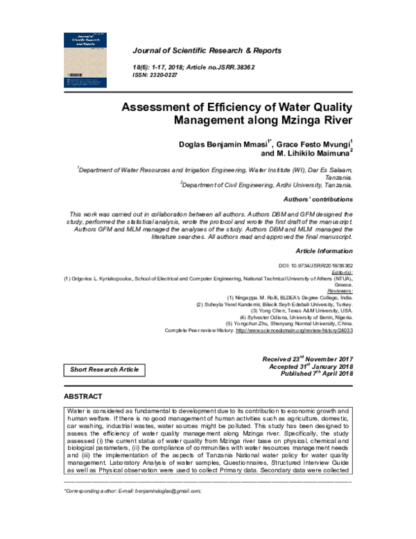 (PDF) Assessment of Efficiency of Water Quality Management along Mzinga ...