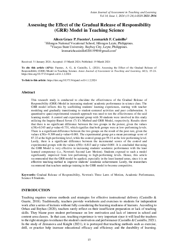 (PDF) Assessing the Effect of the Gradual Release of Responsibility ...