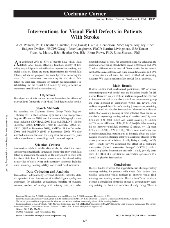 (PDF) Interventions for Visual Field Defects Post-Stroke: A Review
