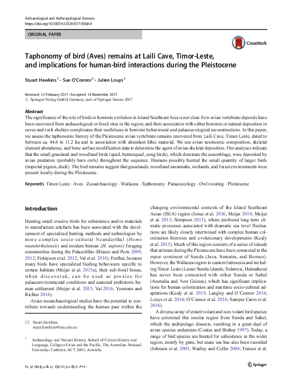 (PDF) Taphonomy of bird (Aves) remains at Laili Cave, Timor-Leste, and ...