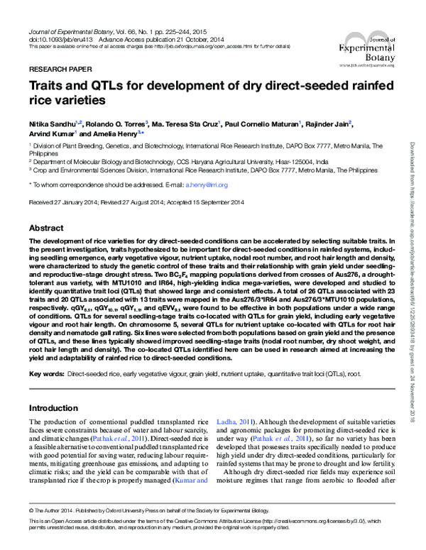 (PDF) Traits and QTLs for development of dry direct-seeded rainfed rice ...