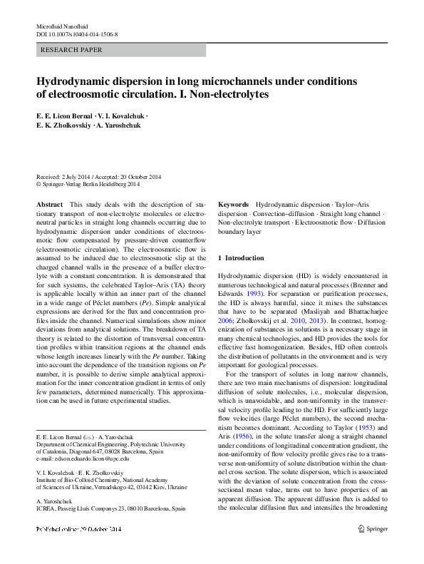 (PDF) Hydrodynamic dispersion in long microchannels under conditions of ...