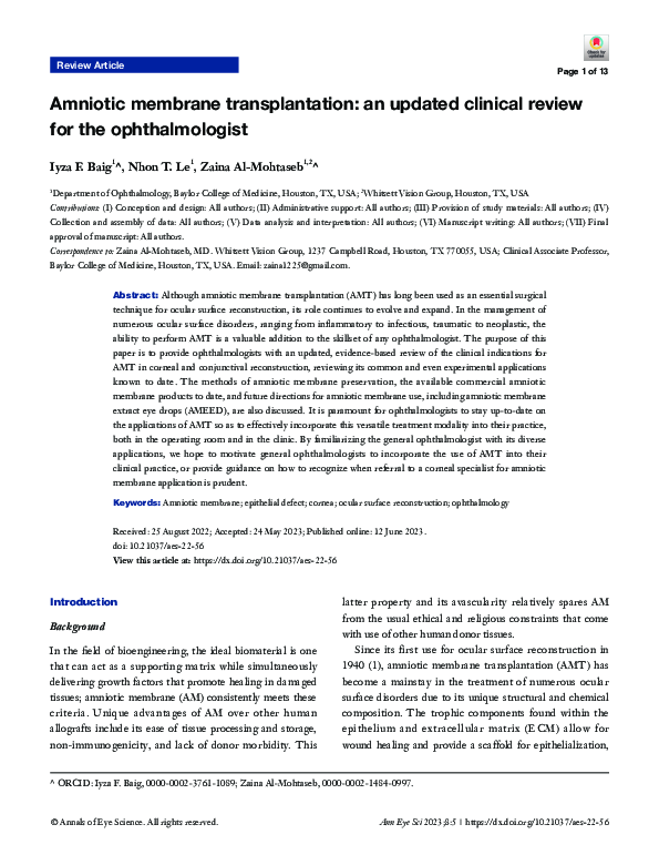 (PDF) Amniotic membrane transplantation: an updated clinical review for ...