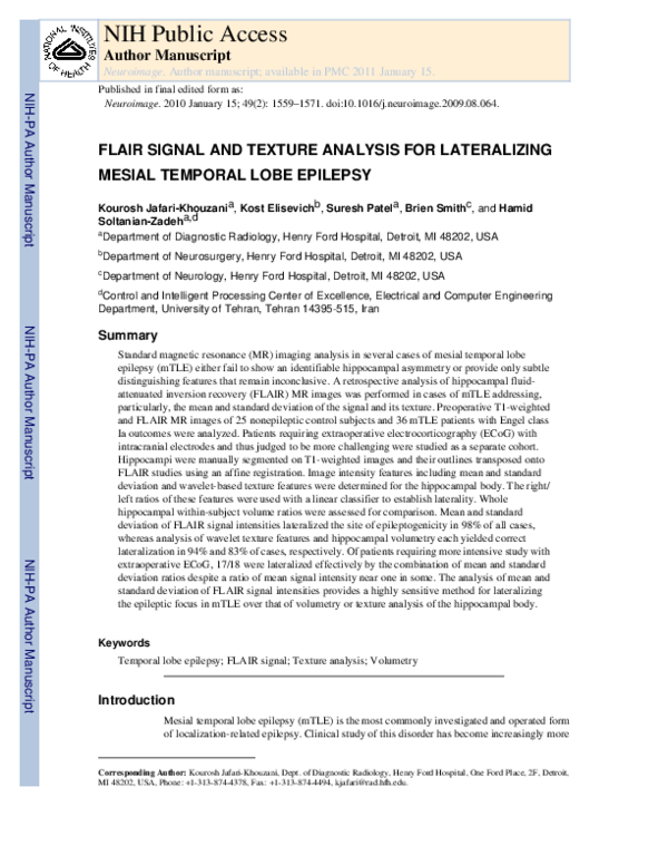 (PDF) FLAIR signal and texture analysis for lateralizing mesial temporal lobe epilepsy | Kost ...