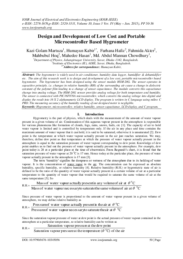 (PDF) Design and Development of Low Cost and Portable Microcontroller Based Hygrometer