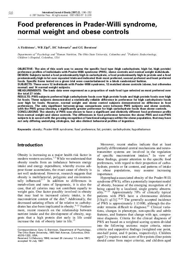 (PDF) Food preferences in Prader-Willi syndrome, normal weight and ...