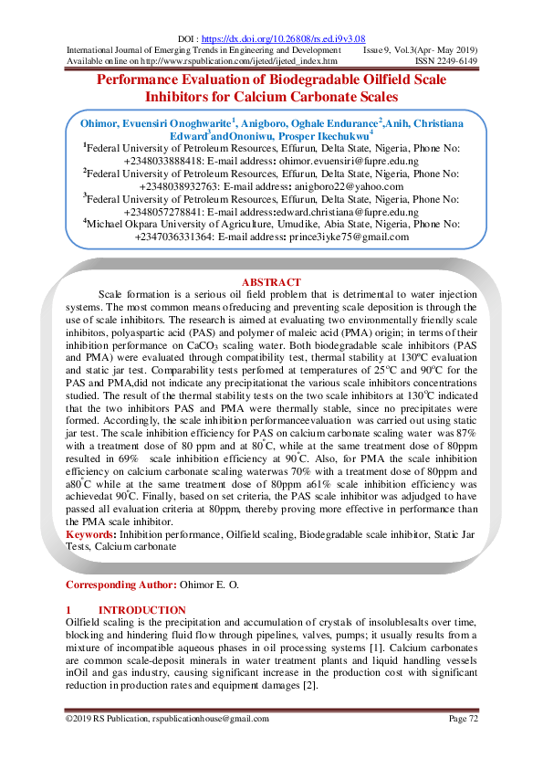 (PDF) Performance Evaluation of Biodegradable Oilfield Scale Inhibitors ...