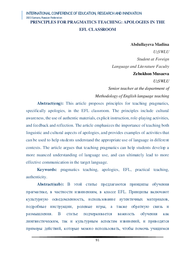 (PDF) Principles for Pragmatics Teaching: Apologies in the Efl Classroom