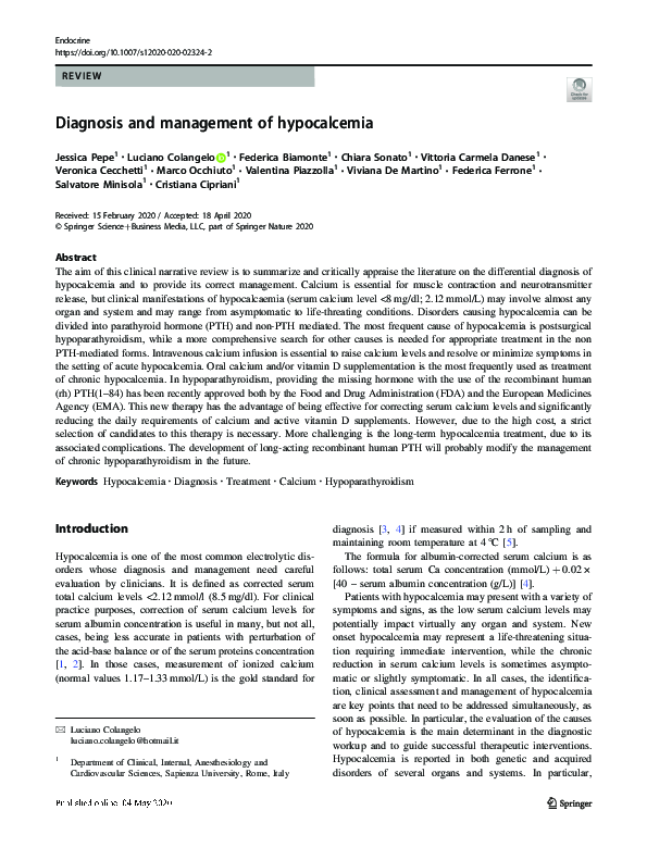 (PDF) Diagnosis and management of hypocalcemia