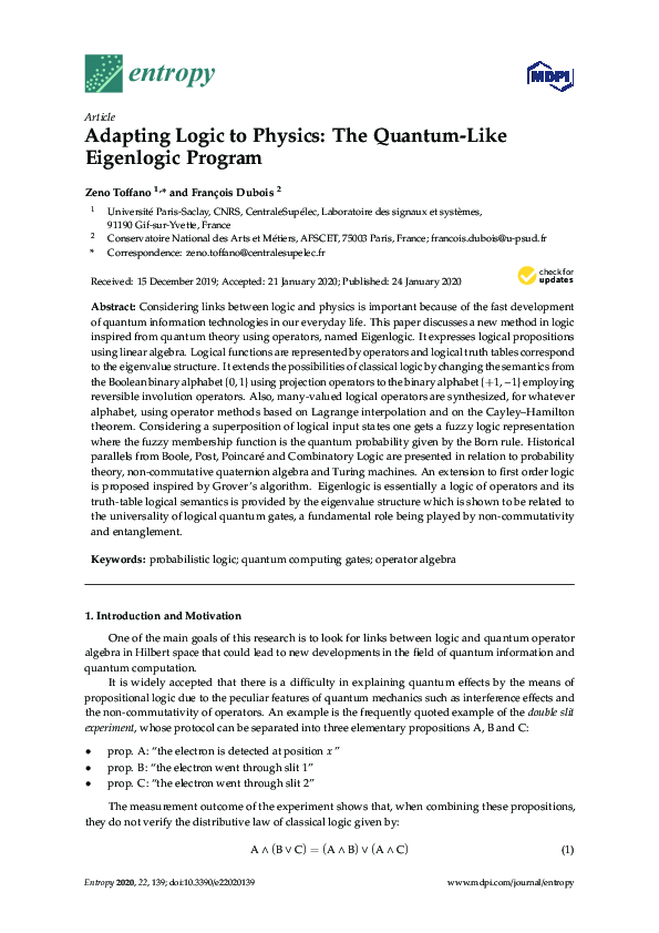 (PDF) Adapting Logic to Physics: The Quantum-Like Eigenlogic Program | Zeno TOFFANO - Academia.edu