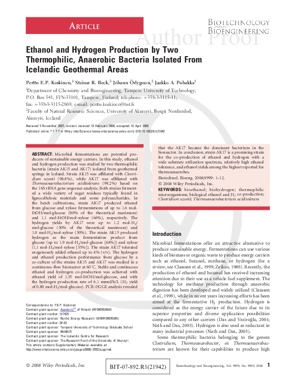 (PDF) Ethanol and hydrogen production by two thermophilic, anaerobic bacteria isolated from ...
