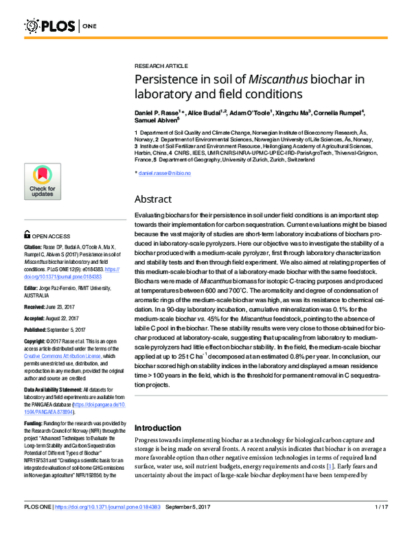 (PDF) Persistence in soil of Miscanthus biochar in laboratory and field ...
