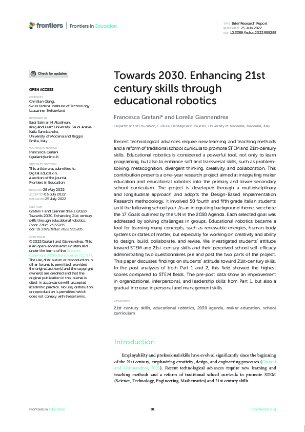 (PDF) Towards 2030. Enhancing 21st century skills through educational robotics