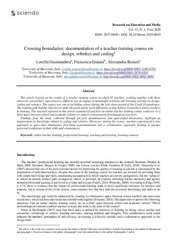 (PDF) Crossing boundaries: documentation of a teacher training course on design, robotics and coding